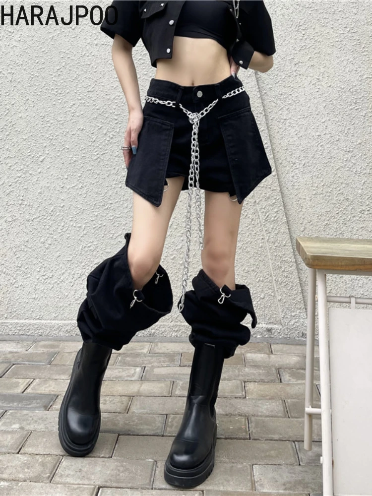 Harajpoo 여성 청바지 블랙 분리형 하라주쿠 스타일 투웨어 하이웨이스트 빈티지 스트리트웨어 2022 여름 배기 캐주얼