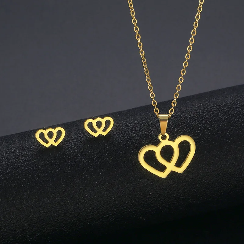 Double-Heart-Necklace-Earring-Set-Gold-Stainless-Steel-Heart-shaped ...