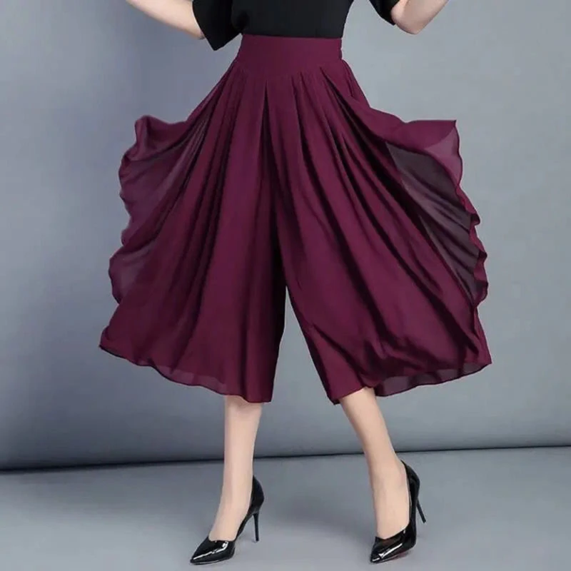 Elastic-High-Waist-Slim-Elegant-Chiffon-Capris-Ladies-Pants-Skirts ...