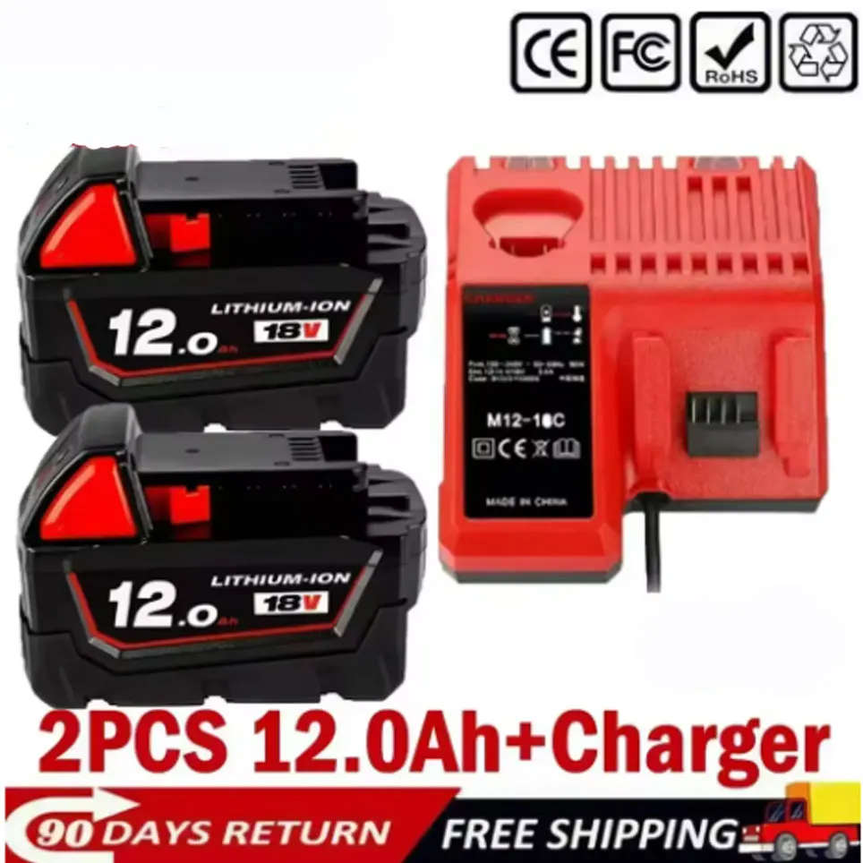 for Milwaukee M18 Power Tool Battery, Charger, BR, XC, 18V, 12000mAh ...