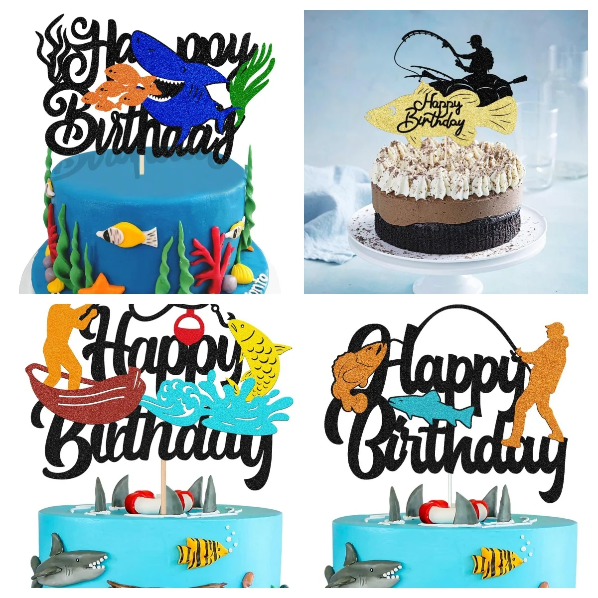 Cake Topper Fish Go Fishing Fisherman Fisher Boat Man Happy Birthaday ...