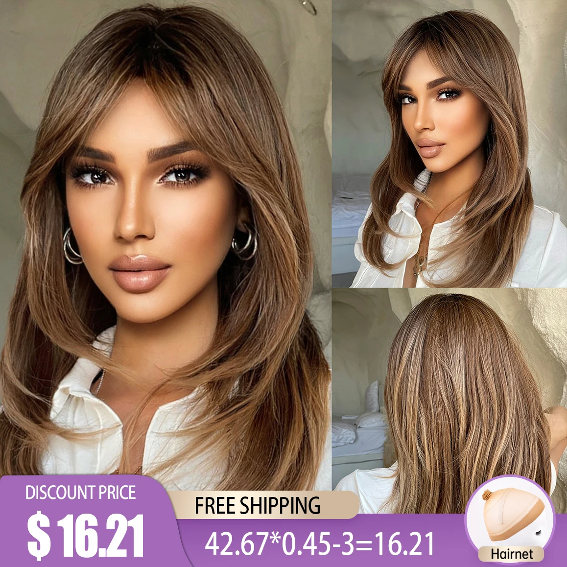 Ombre brown em camadas perucas sintéticas com franja comprimento médio ...