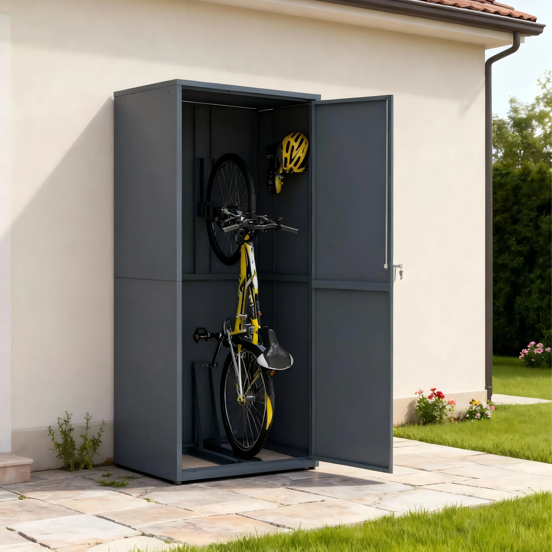 Outdoor Bike Storage Box Powder-Coated Steel Vertical Bike Shed Metal ...