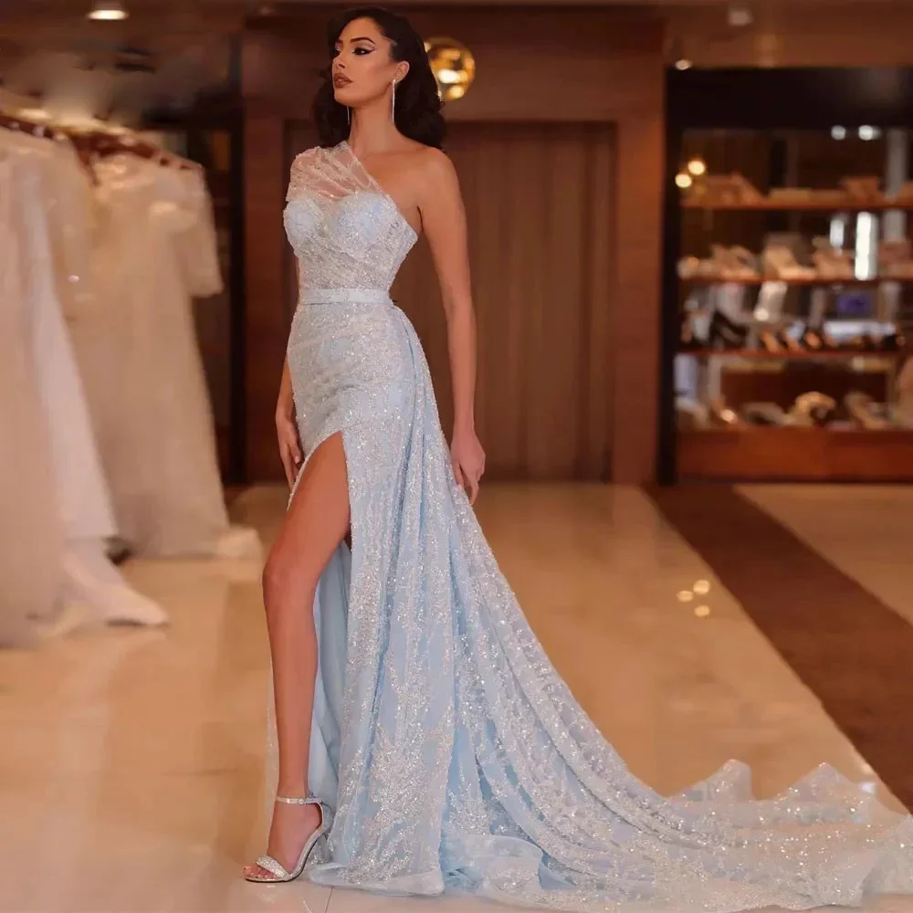 Elegant-Light-Blue-One-Shoulder-Prom-Dresses-With-Sparkling-Lace-Mermaid-Side-Slim-Fit-Evening ...