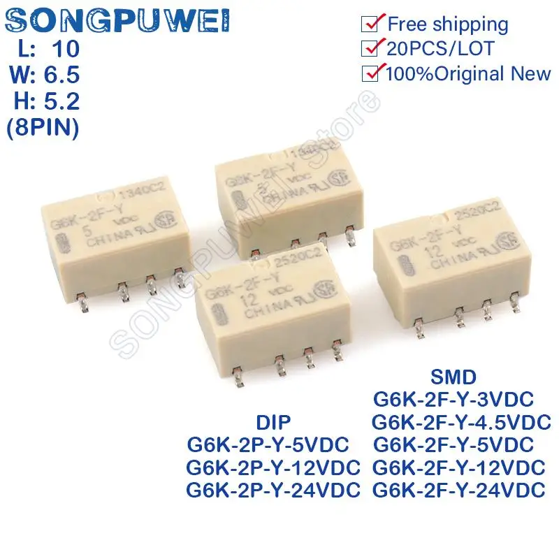 Free-shipping-20Pcs-SMD-Signal-Relays-G6K-2F-Y-DC-5V-12V-24V-DPDT-G6K ...