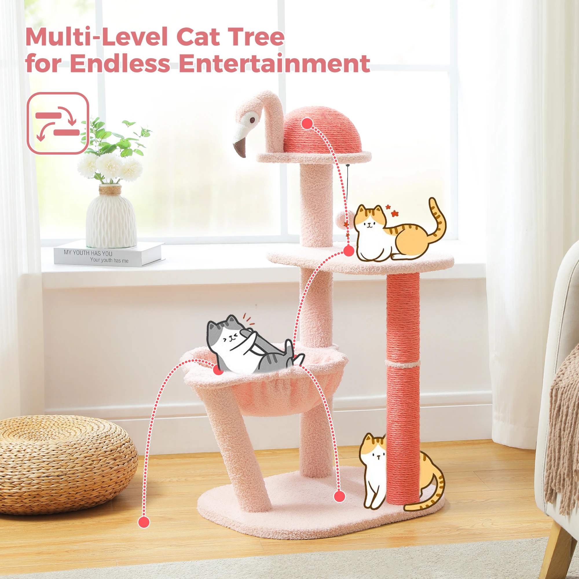 Cute Cat Tree, 34.2in Flamingo Pink Cat Tower with Sisal Scratching ...
