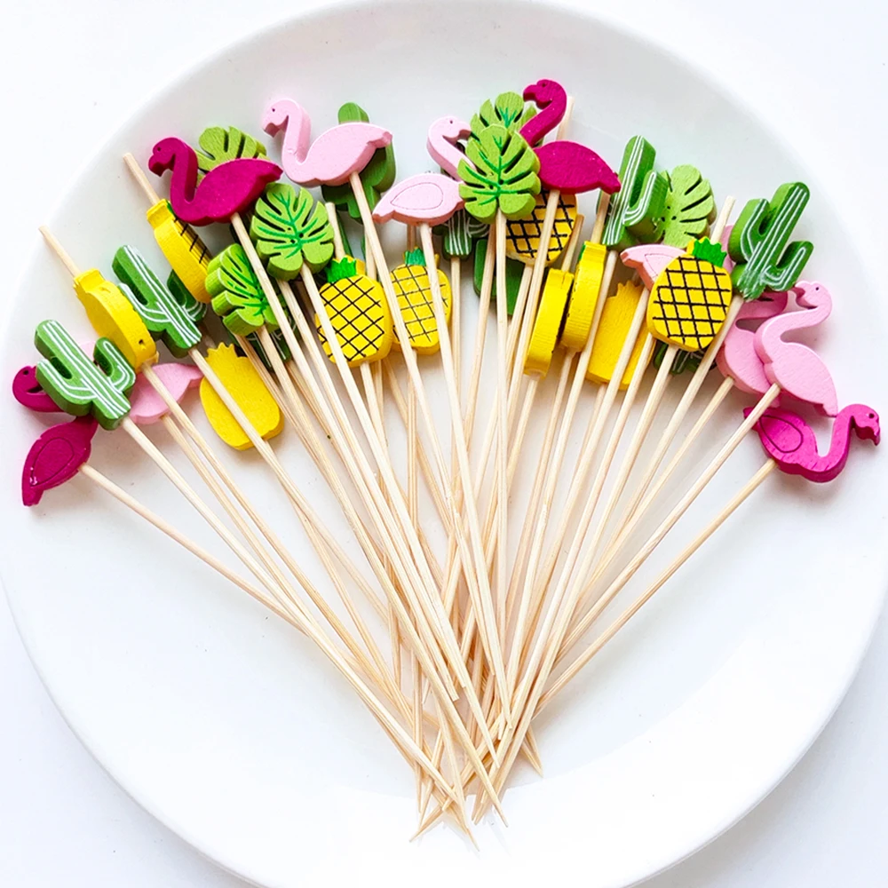 100Pcs-Hawaii-Party-Disposable-Bamboo-Skewers-Turtle-Leaf-Flamingo ...