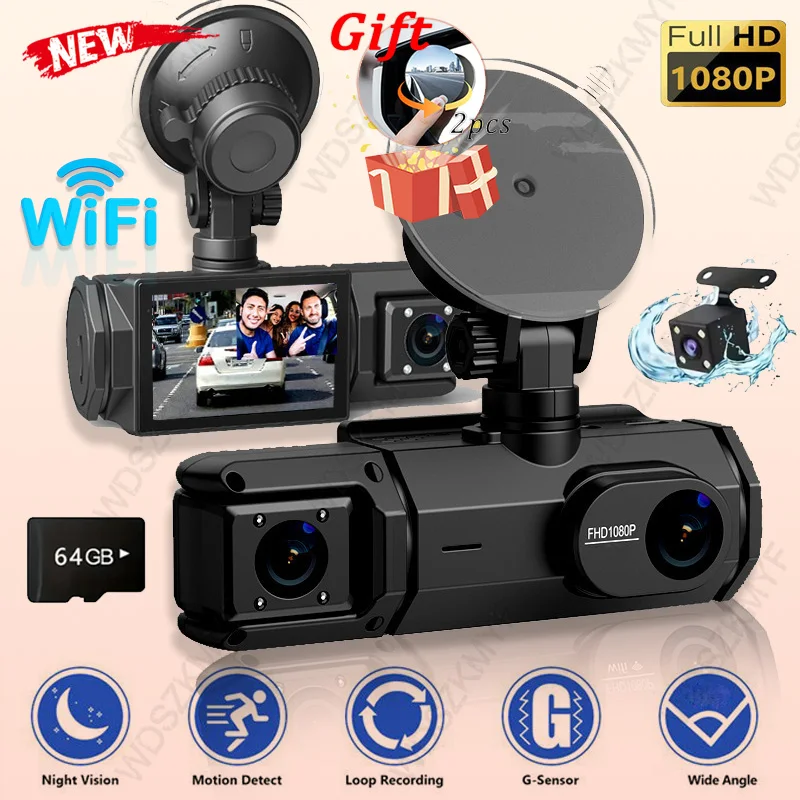 WIFI 2/3 Channel Dash Cam for Cars 1080P Video Recorder Dashcam Black ...