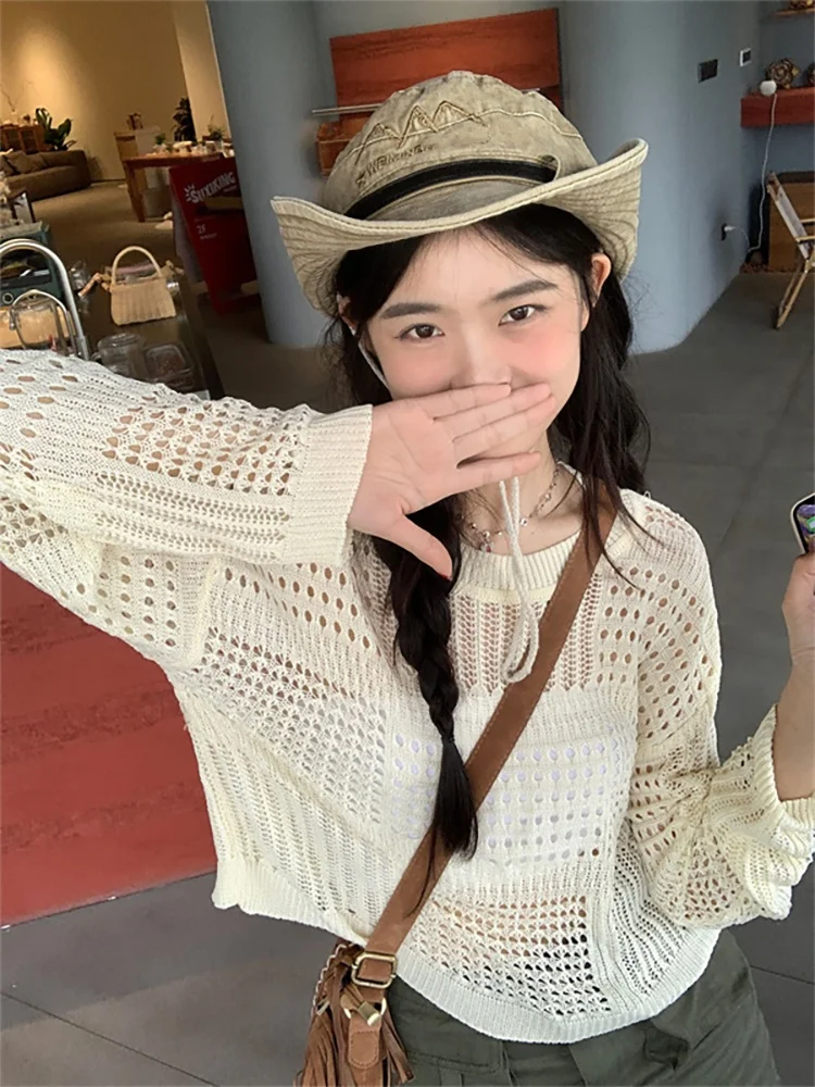 Women-s-Hollow-out-Design-Sense-Long-Sleeve-Knitted-Net-Cover-Up-Short ...