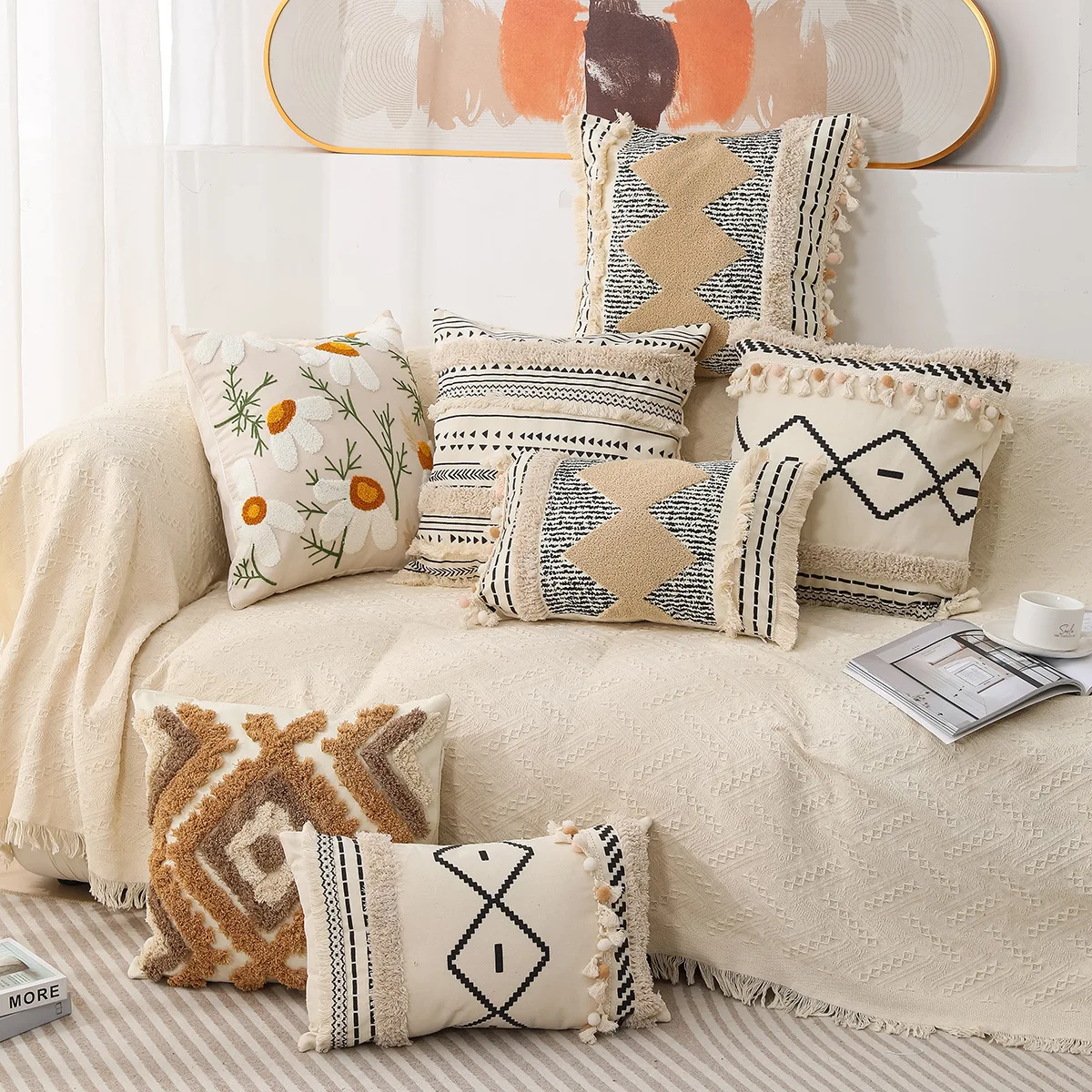 Boho-Fringed-Embroidered-Cushion-Cover-Geometric-Printed-Tufted ...