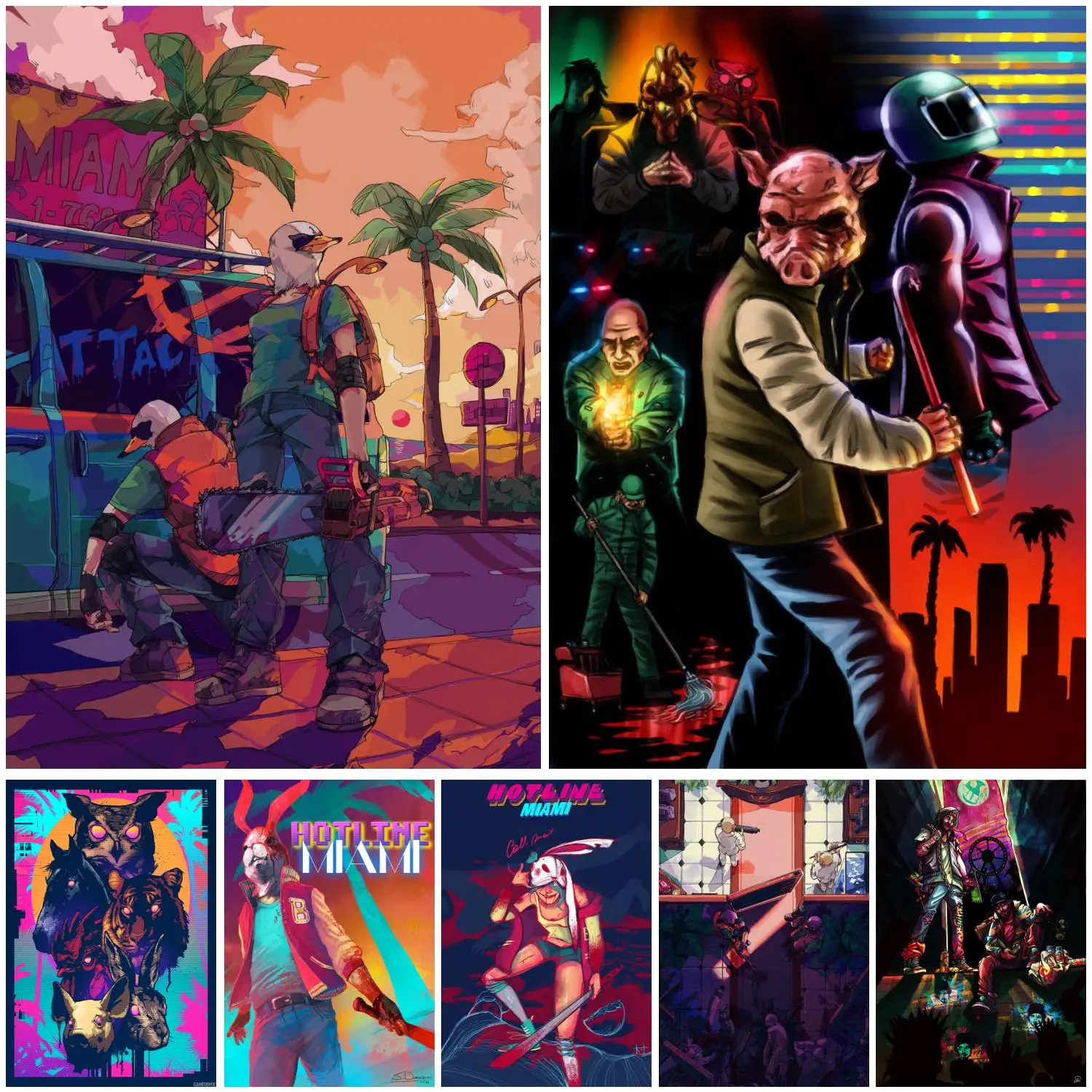 Hotline-Miami-Anime-Game-Poster-Arte-em-Canvas-Wall-Art-Picture-Print ...