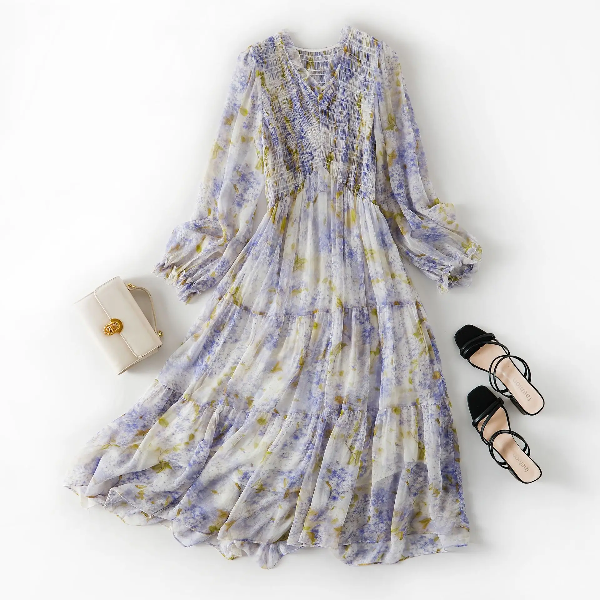 Vestido-de-seda-pura-para-mulheres-decote-em-v-manga-cheia-busto-el ...