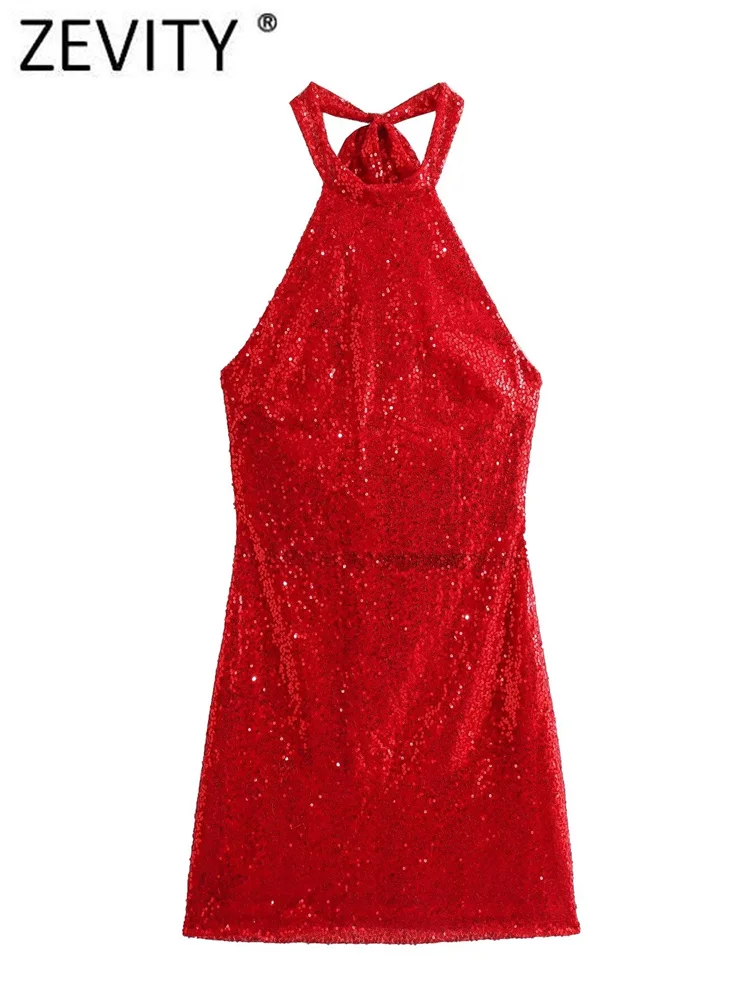 Zevity-2023-Women-High-Street-Sleeveless-Strap-Tied-Sequined-Halter ...