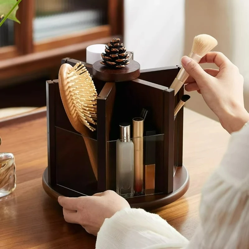 1Pc Wooden Retro Rotating Cosmetic Storage Box Drawer Type Organizer ...