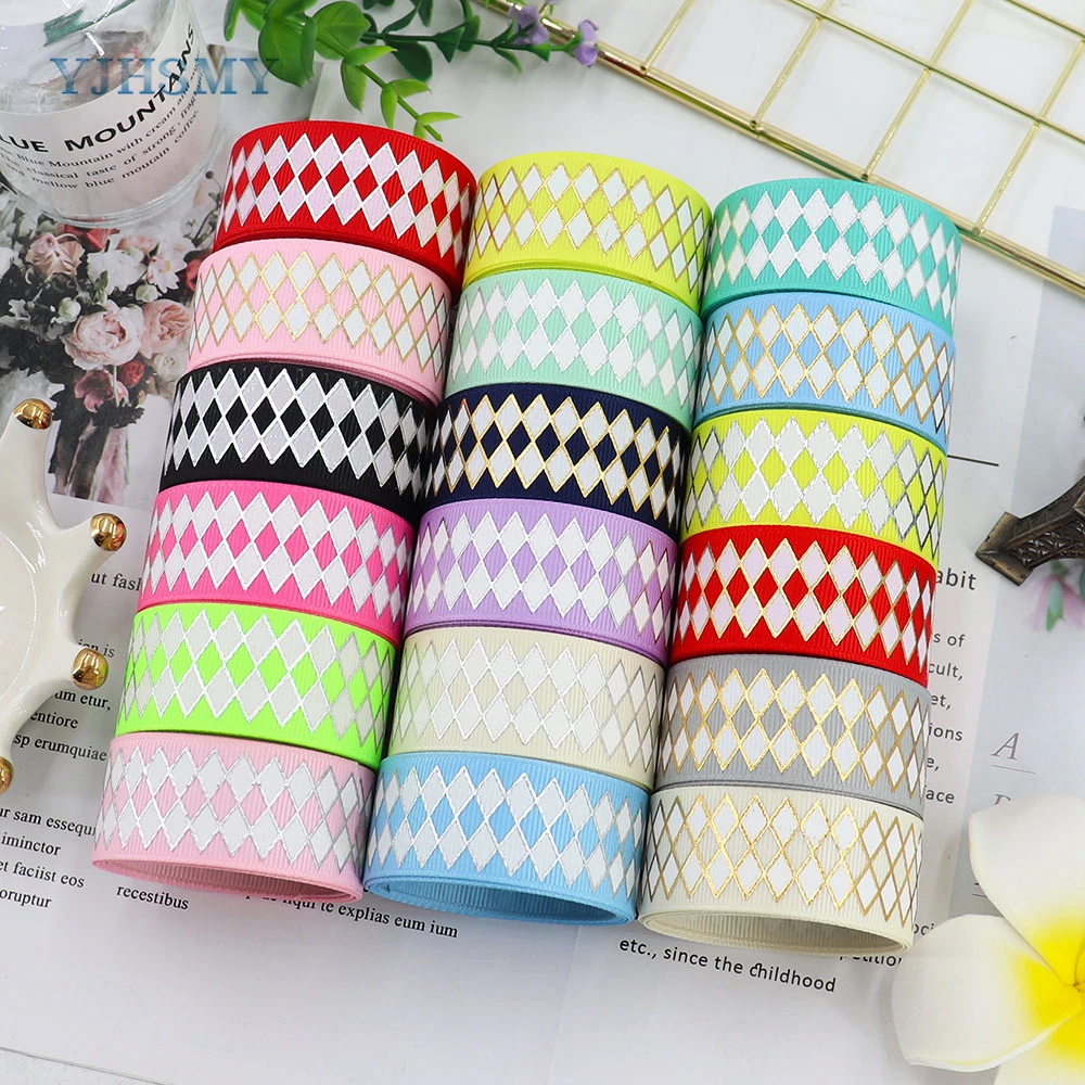 1 inch x 5 Yards Grosgrain Ribbon Silver and Gold Foil Bronzing Diamond ...