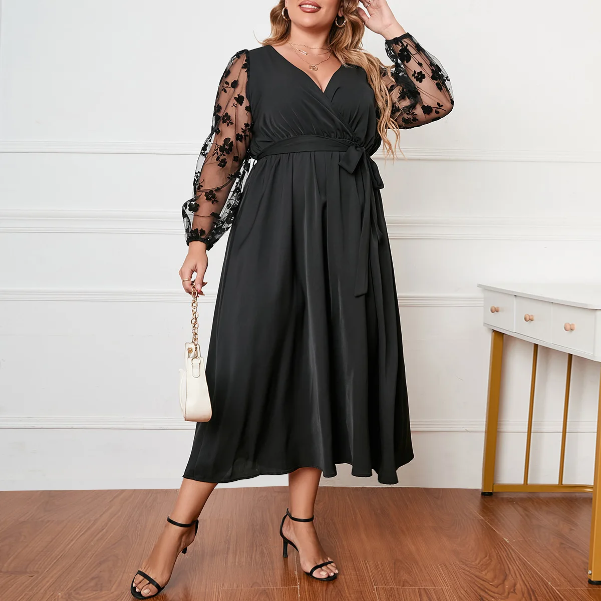 Plus-Size-Women-s-Loose-Long-Sleeve-Dress-Mid-Calf-Oversized-Black ...
