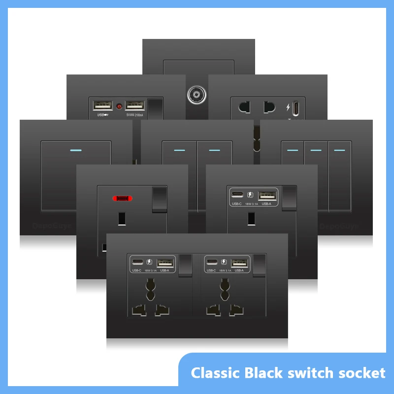 Black-UK-13A-Wall-Socket-with-USB-Type-C-18W-Quick-Charge-Plug-Socket ...