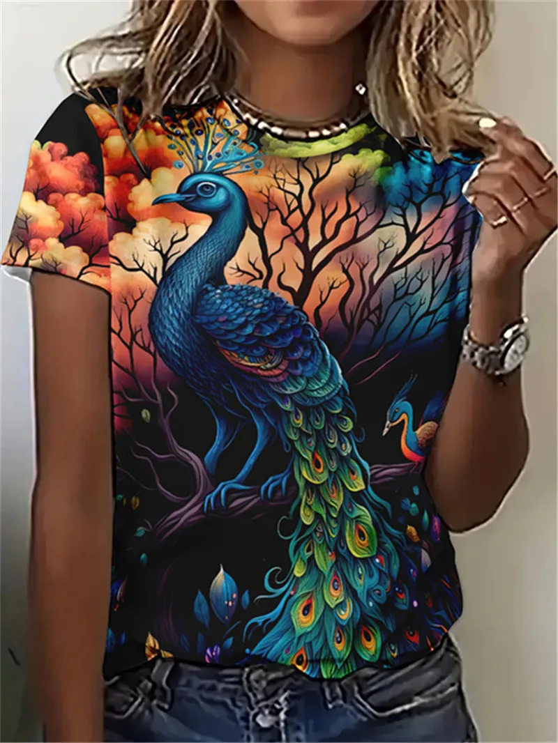 Beautiful-Peacock-Print-Women-T-shirts-Tops-Summer-Fashion-Sweet-Short ...