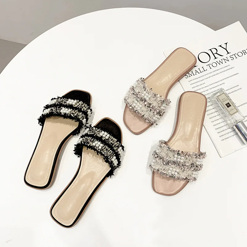 Shoes-Women-Female-Slippers-String-Bead-Luxury-Slides-Low-Soft-2024 ...
