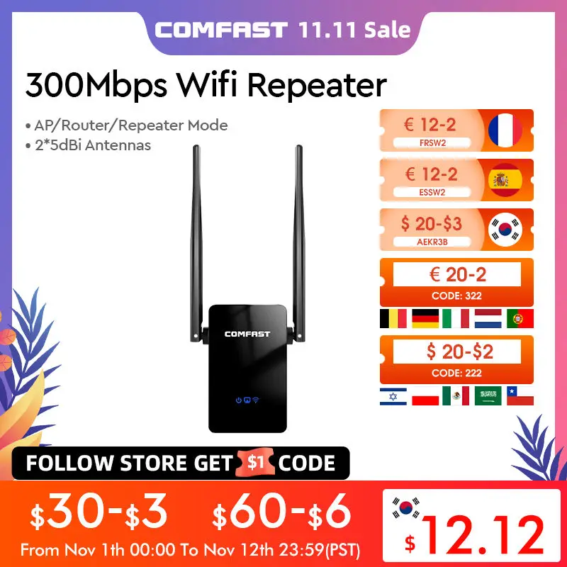 COMFAST Wireless Wifi Repeater 300/1200M 802.11n/b/g Network Wifi ...
