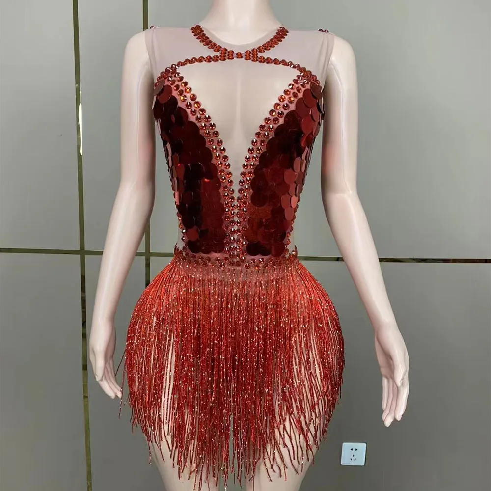 Red-Fringe-Sequins-Shinning-Bodysuits-Women-Red-Sleeveless-Dance ...