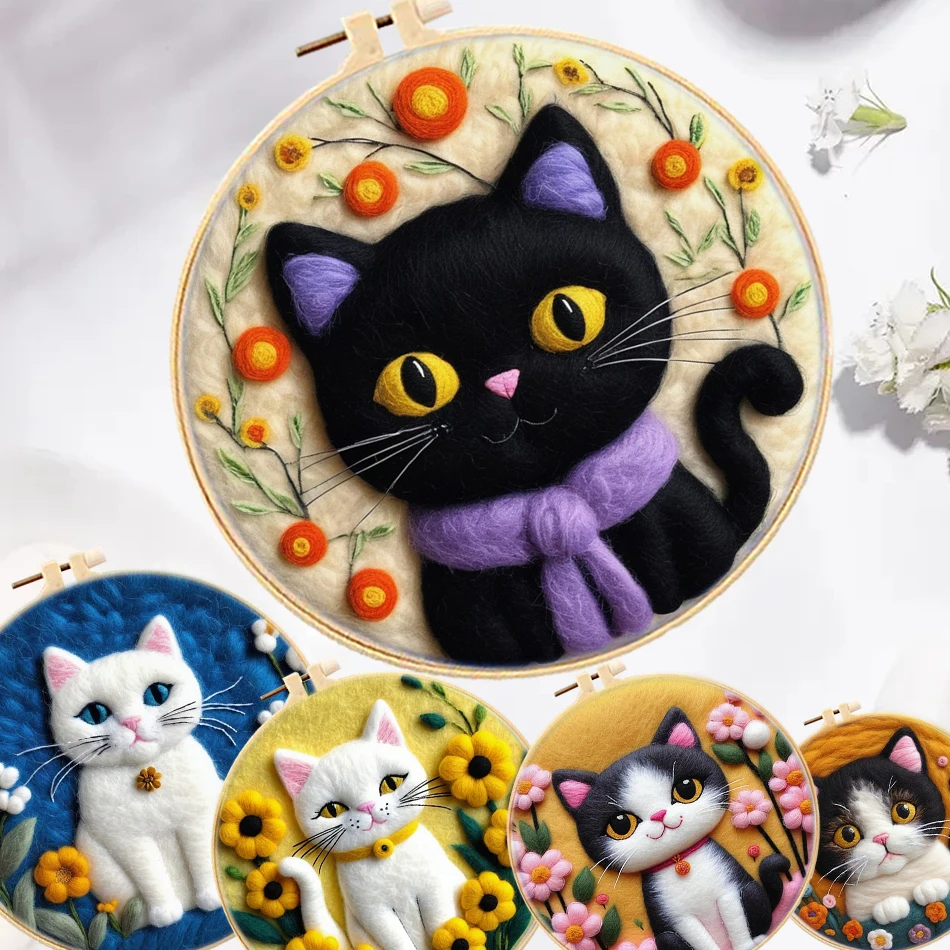 Cat-Pattern-Diy-Wool-Felting-Painting-For-Beginners-Kits-Wool-Roving ...