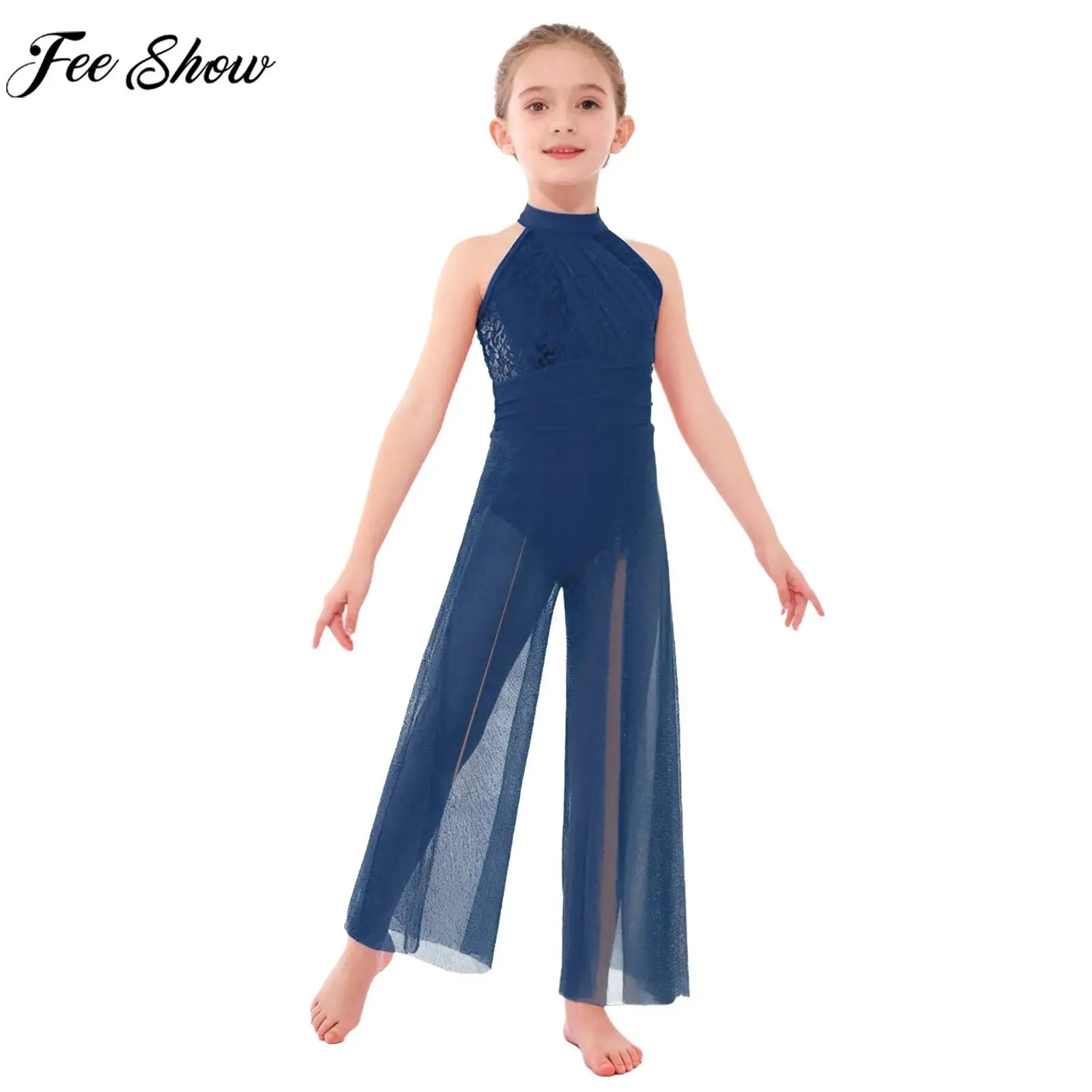 Kids Girls Modern Lyrical Dance Jumpsuit Sequins Shimmery Mesh Split ...
