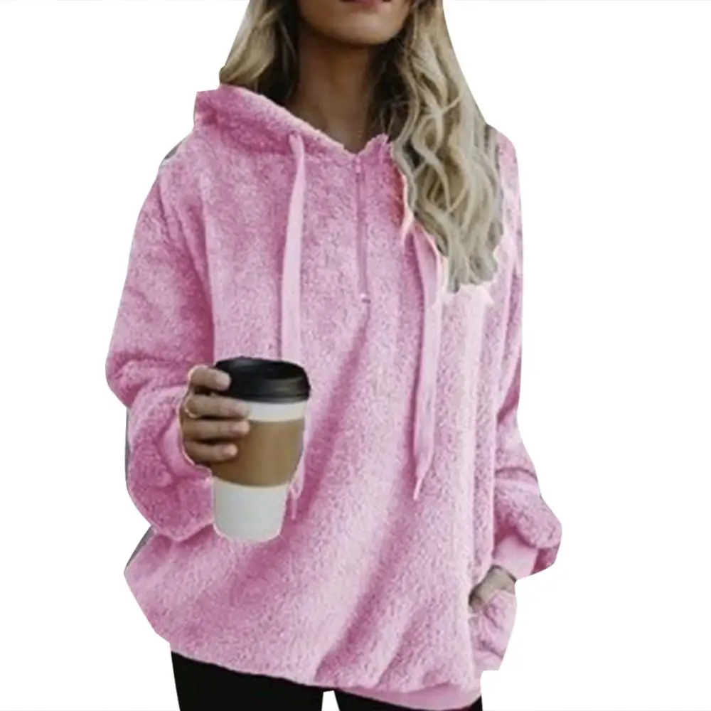 Plus-Size-Winter-Solid-Color-1-4-Zip-Up-Fluffy-Hoodies-Women-Hooded ...