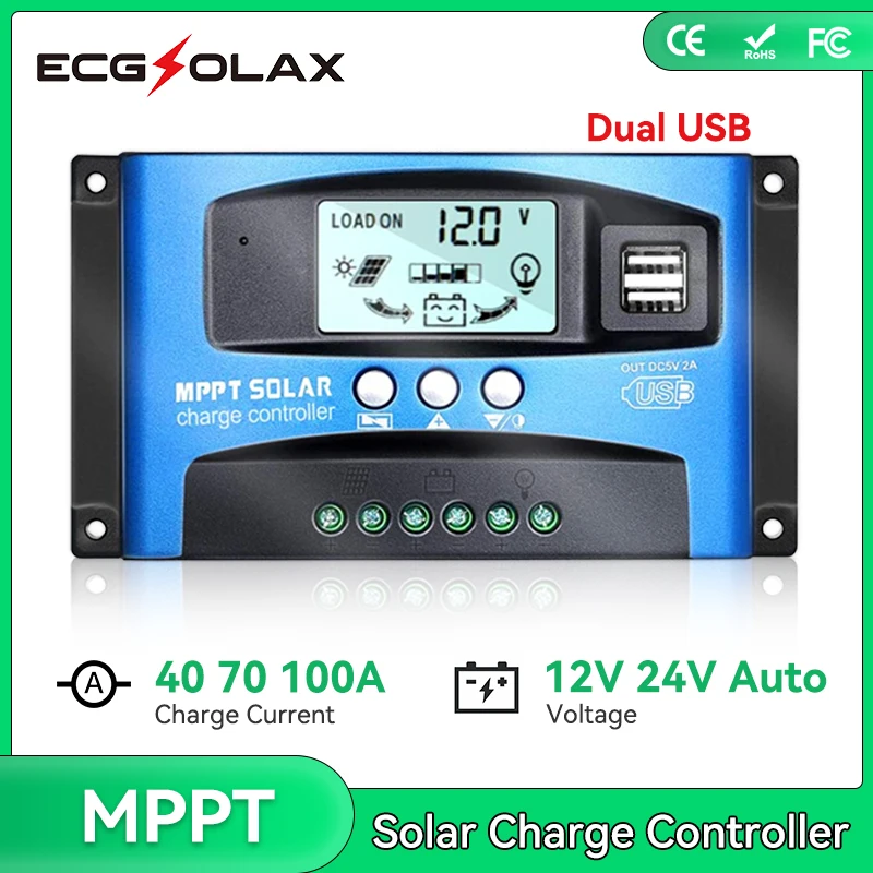 ECGSOLAX MPPT Solar Charge Controller 100A 70A 40A With LCD Dual USB ...