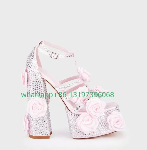 Lady-pink-rhinestone-glitter-platform-sandals-chunky-heel-pink-3D-rose ...
