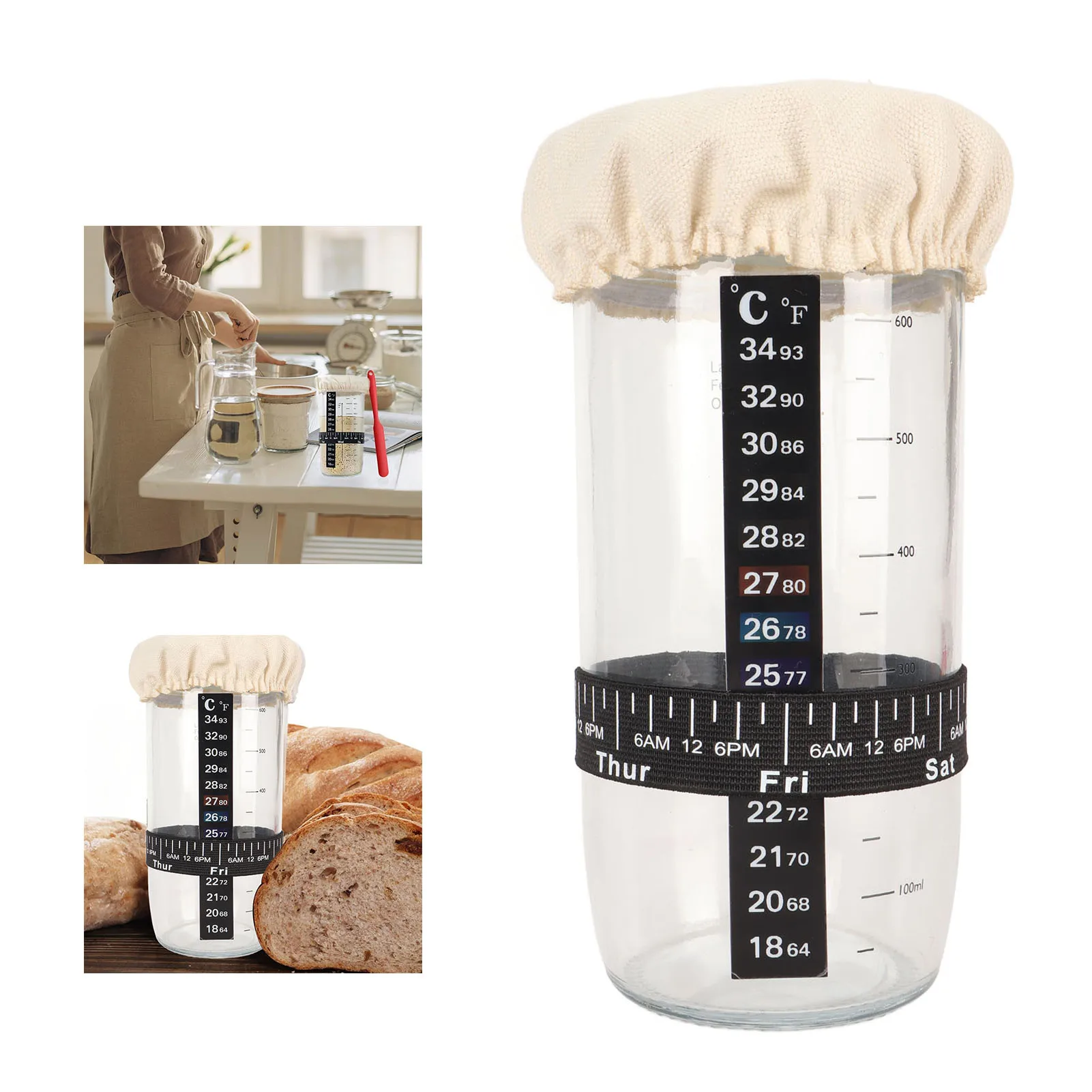 SourDough-Starter-Jar-Kit-24oz-Glass-with-Spatula-Cloth-Cover-Feeding ...
