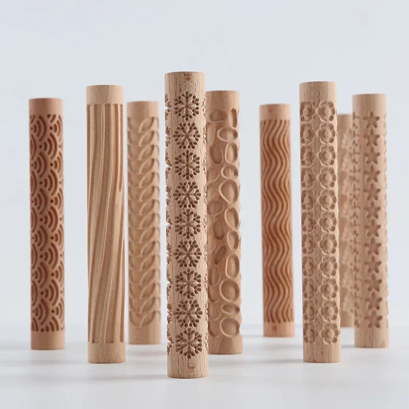 Wooden Texture Rolling Pin Ceramic Pottery Art Embossed Rod Flower ...