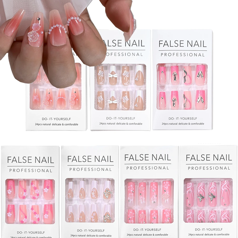 24Pcs-Long-Square-Press-on-Nails-Wearable-Fake-Nails-Butterfly-Flowers ...