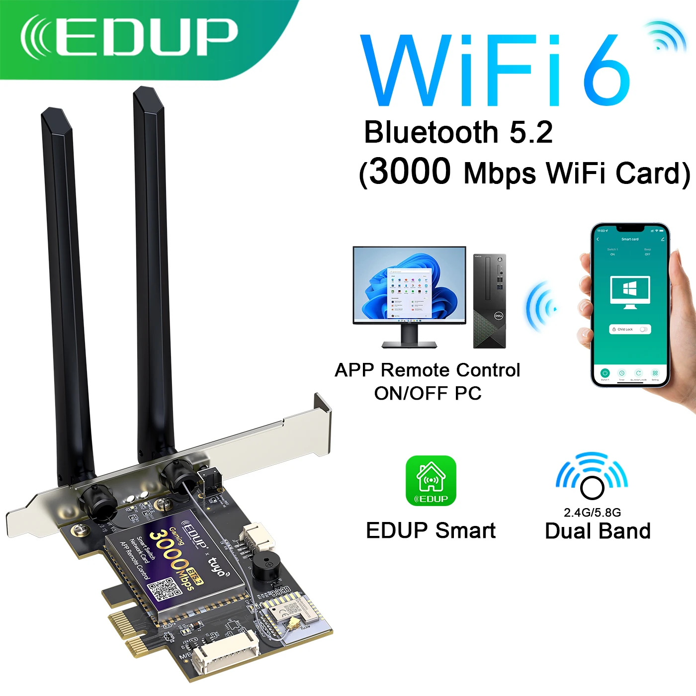 EDUP-Smart-Switch-Adapter-3000Mbps-WiFi6-PCIE-Network-Card-Wireless ...