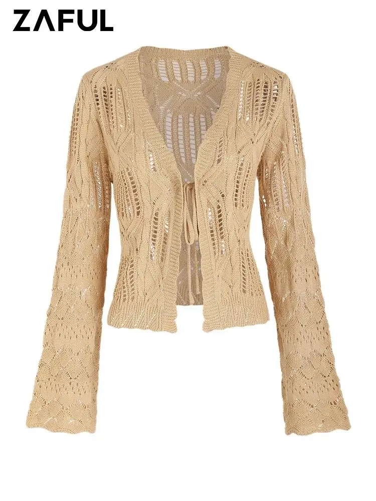 ZAFUL-Beach-Tops-For-Women-Vacation-Openwork-Knitted-Tie-Front-Plunging ...