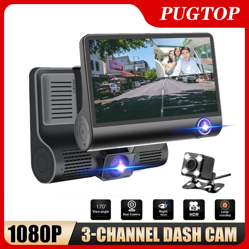 PUGTOP-4-Inch-Car-DVR-1080P-Dash-Cam-3-Channel-Front-Inside-Rear-Camera ...