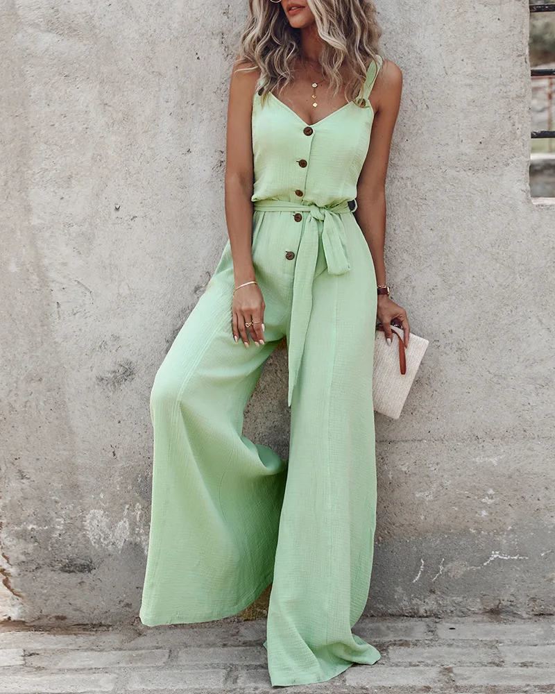 Solid Elegant 2025 Women Jumpsuits Sleeveless Buttoned Women's Loose ...