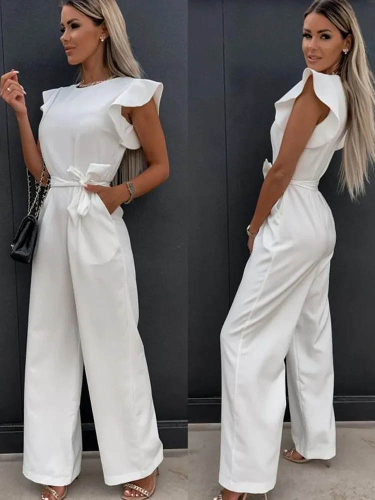 Elegant Women's Fashion White Butterfly Sleeve Jumpsuit Solid Casual O ...