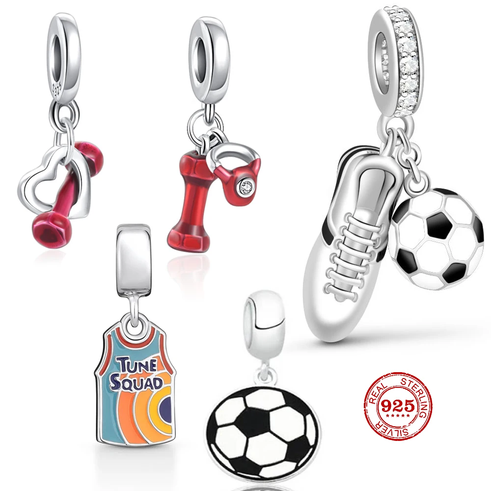 925-Sterling-Silver-Football-Dumbbells-I-Love-Sports-Pendant-DIY-Charm ...
