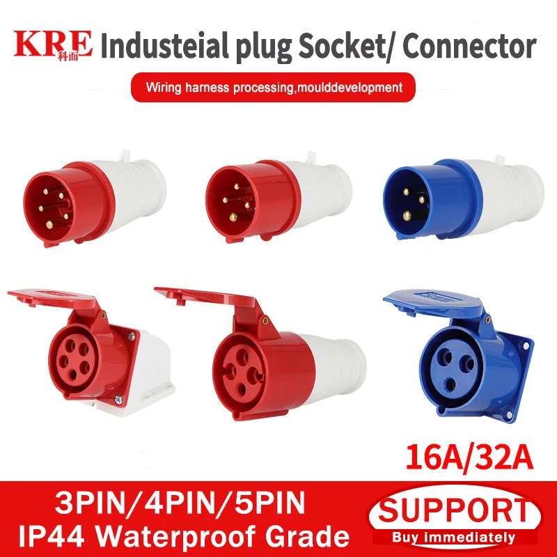 KRE 3PIN 4PIN 5PIN 16A 32A IP44 Waterproof Industrial Plug Electrical Connection Wall Mount ...