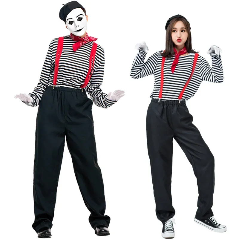 Unisex-Mime-Artist-Costume-for-Women-Men-Black-White-Silent-Actor-Suit ...