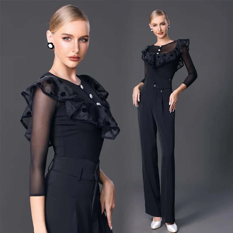 Ballroom-Dance-Competition-Tops-Black-Ruffles-Mesh-Sleeves-Latin-Dance ...