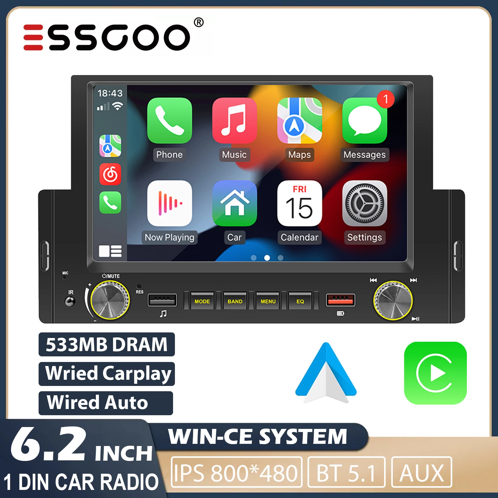 Essgoo 1 Din Universal Rádio Do Carro 6.2 "mp5 Multimídia Player Autoestéreo Android Carplay ...