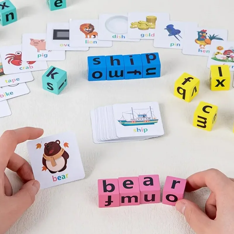 Word-Spelling-Game-Wooden-Reading-Building-Blocks-With-40-Cards-Letters ...