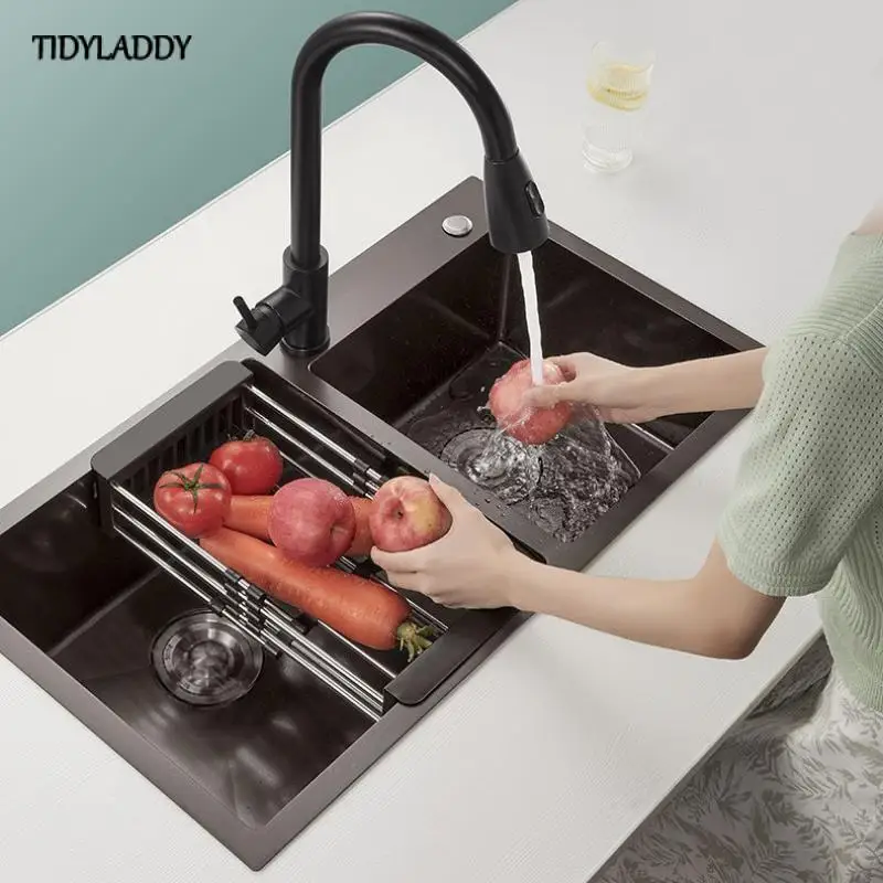 Stainless-Steel-Kitchen-Sink-Stretchable-Faucet-Double-Sink-Kitchen ...