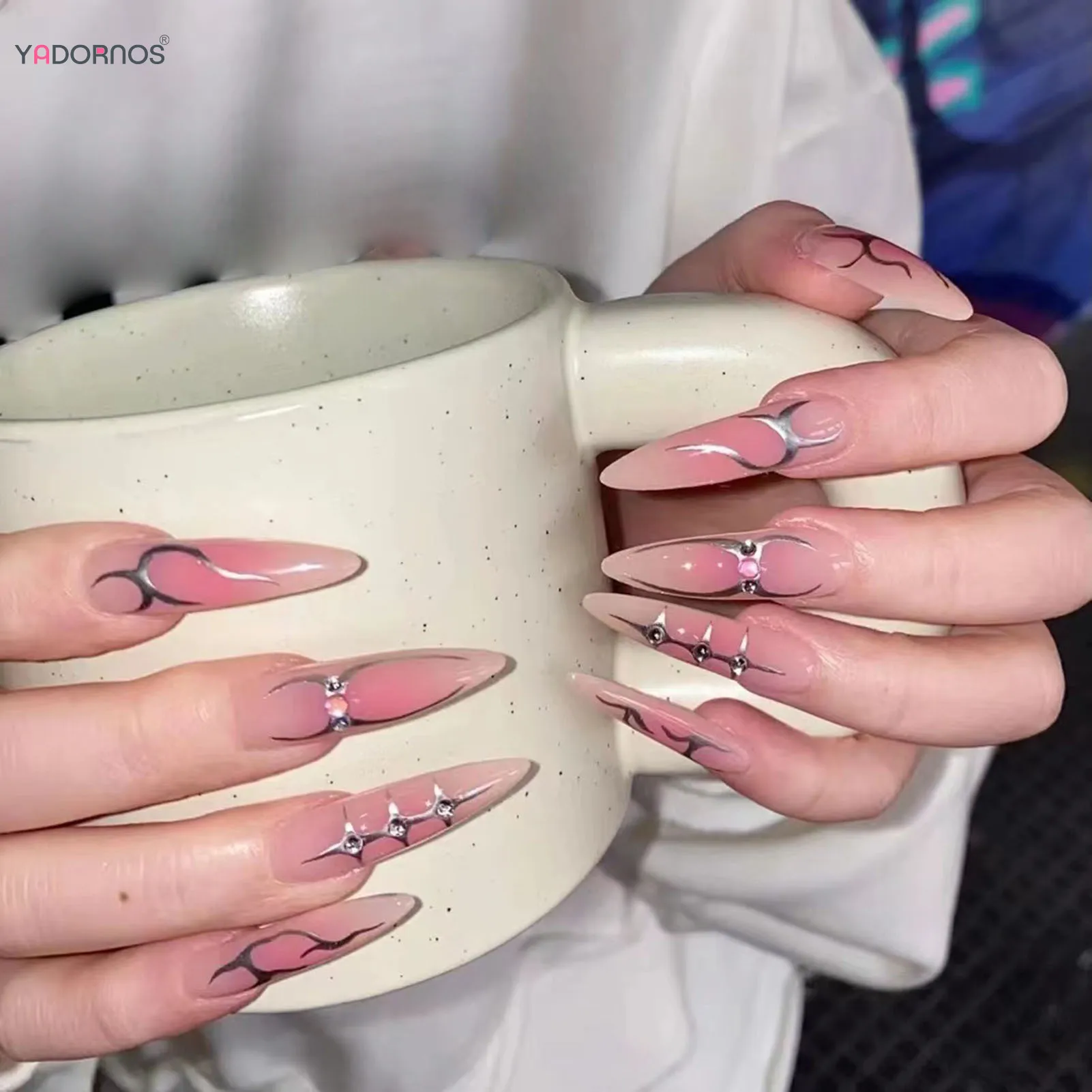 24Pcs Blush Pink Fake Nails with Silver Flame Designs Long Stiletto ...