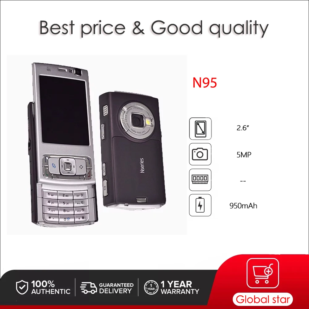 Original Unlocked N95 5MP WIFI Bluetooth FM radio Mobile Phone Russian ...
