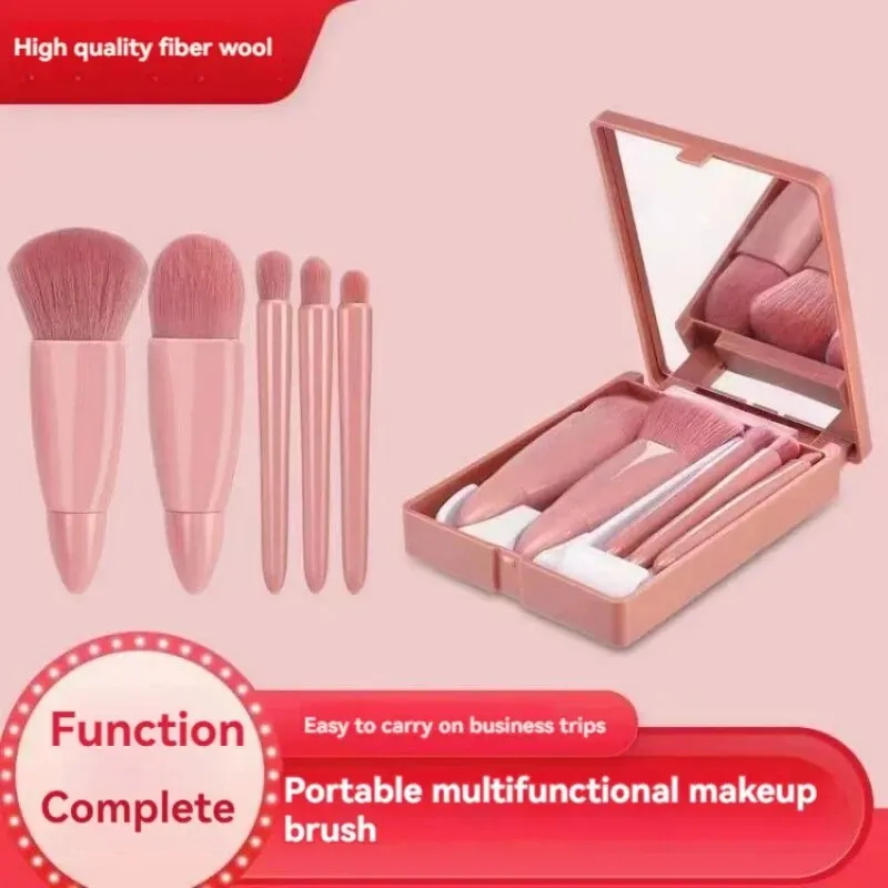 5PCS-Pink-Mirror-Case-Makeup-Brush-Set-Mini-Travel-Portable-Loose ...