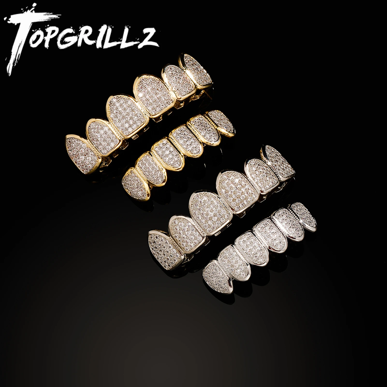 TOPGRILLZ Hip Hop Gold Color Plated Teeth Grillz Caps CZ Micro Pave ...