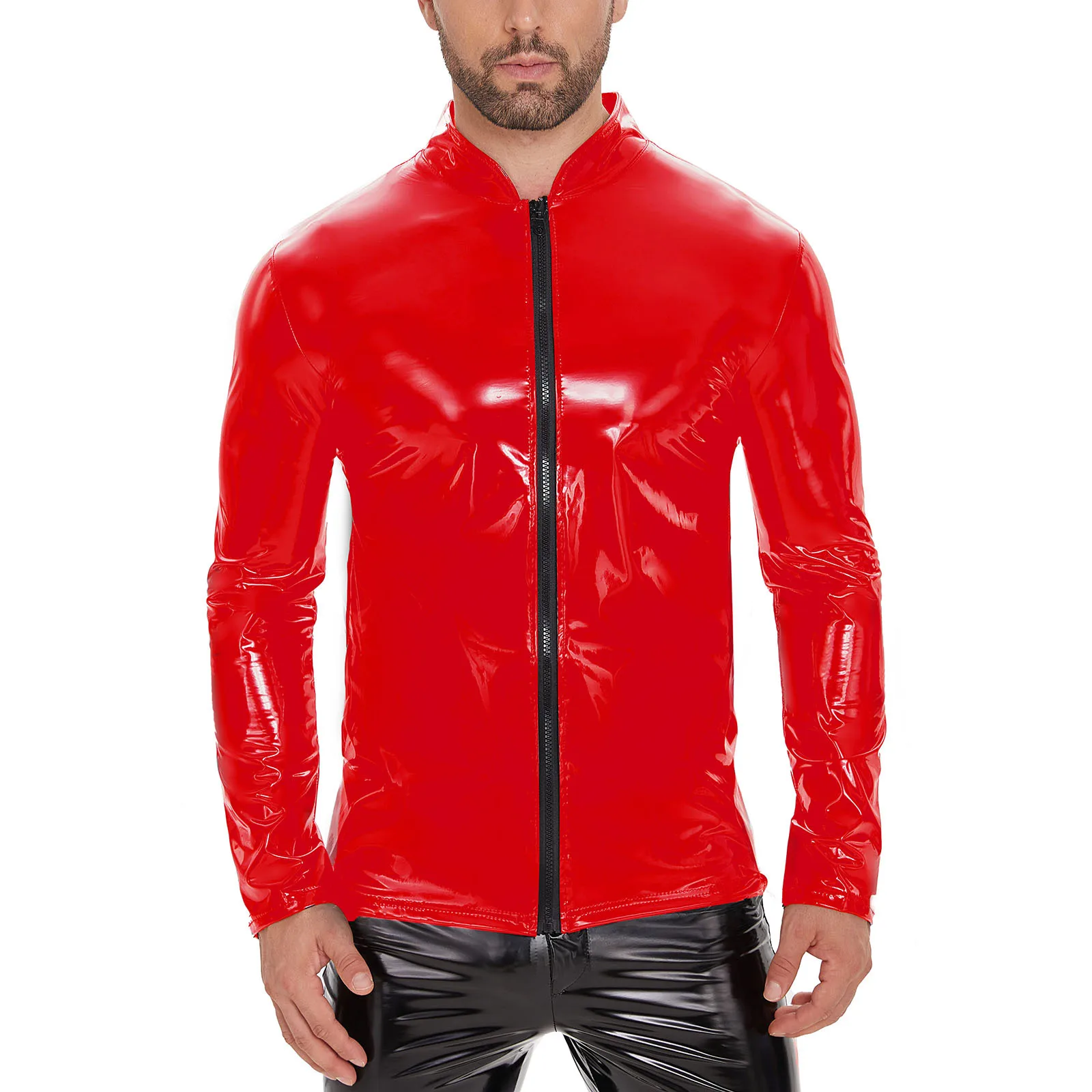 New-5-7XL-Long-Sleeve-Faux-Shiny-Red-Leather-Wet-Look-PVC-Mens-Jackets ...